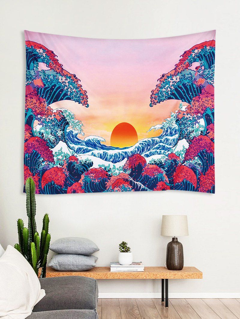 [34% OFF] 2020 Japanese Style Sea Wave Sunset Print Tapestry In ROSE ...