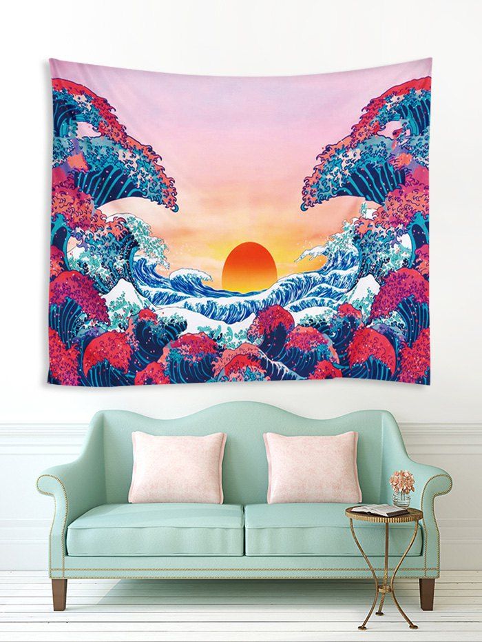 [34% OFF] 2020 Japanese Style Sea Wave Sunset Print Tapestry In ROSE ...