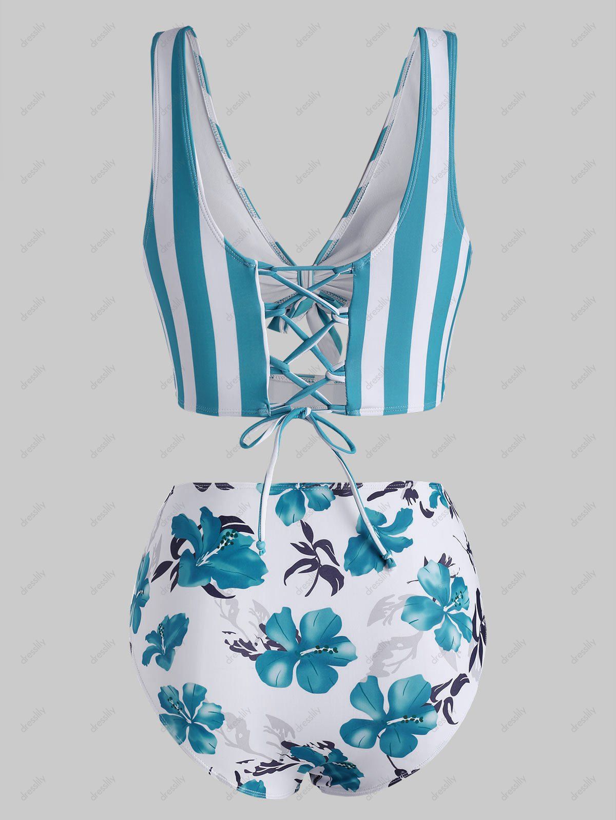 [37% OFF] 2021 Striped Floral Cutout Lace-up Tankini Swimwear In BLUE ...