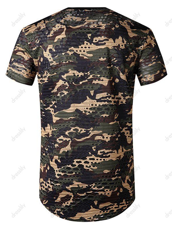 [28% OFF] 2021 Camouflage Print Mesh Patch Hole Curved T Shirt In GREEN ...