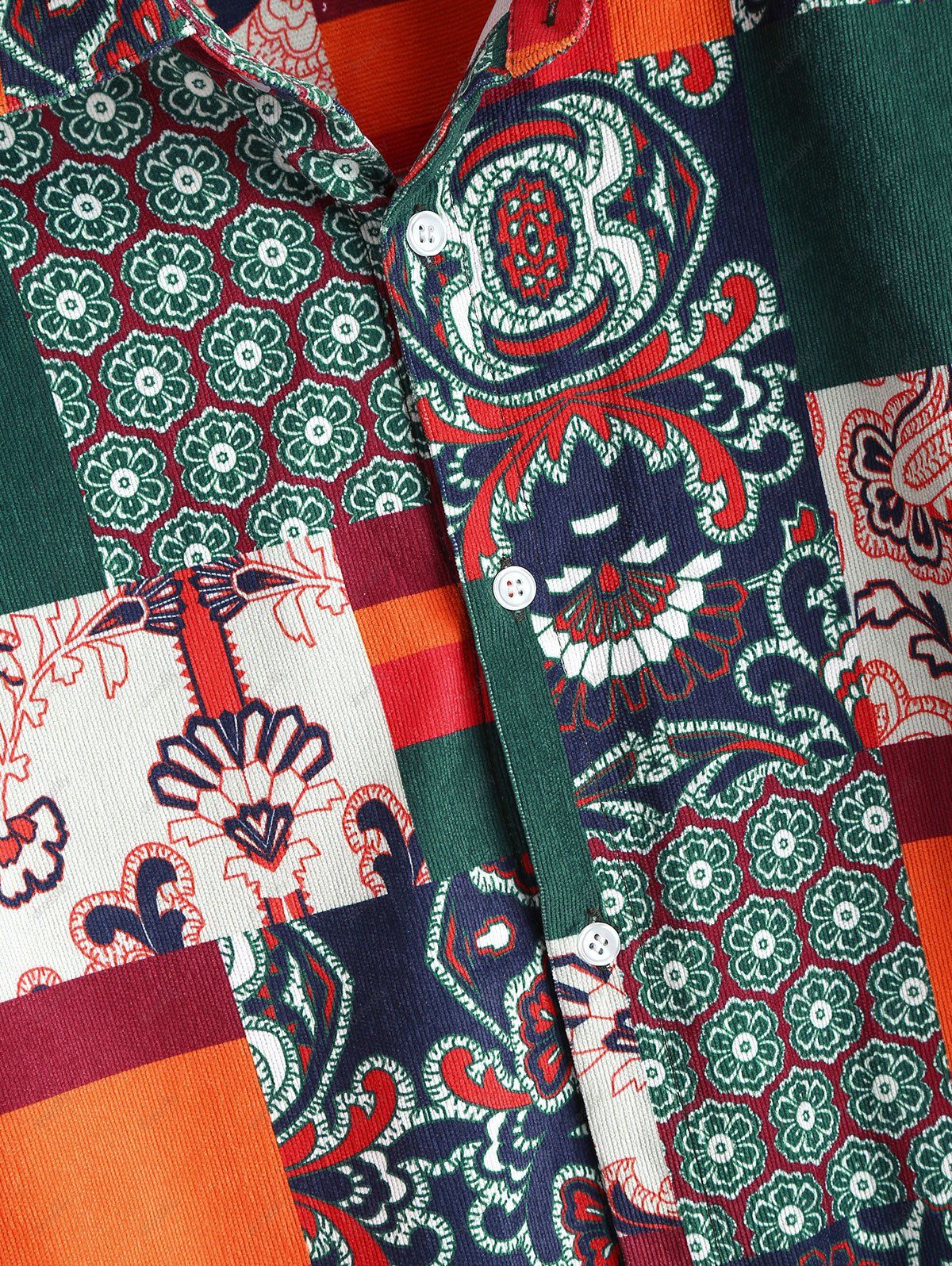 [34% OFF] 2021 Button Up Floral Patchwork Print Corduroy Shirt In DEEP ...