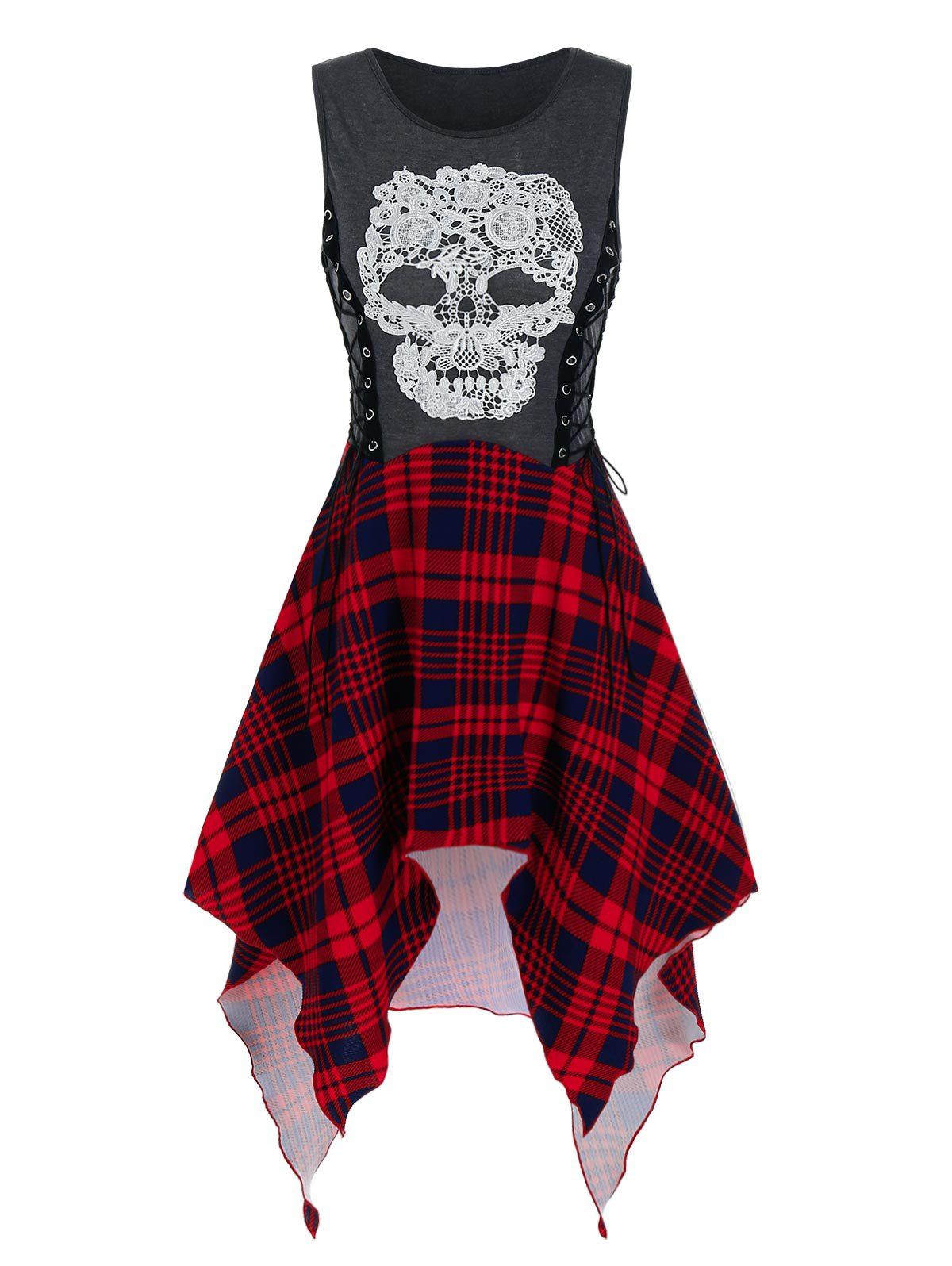 [43% OFF] 2021 Gothic Skull Plaid Pattern Handkerchief Dress In ...