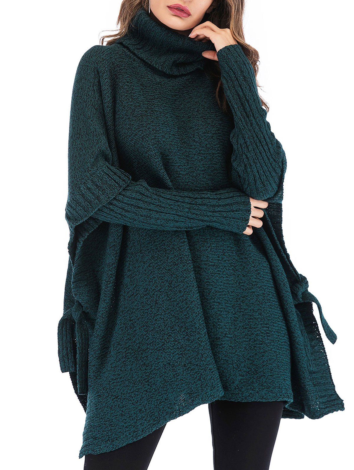 [28% OFF] 2021 Turtleneck Tie Side Poncho Sweater In DEEP BLUE | DressLily