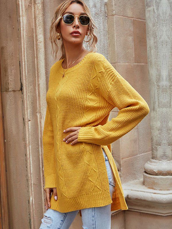 [30% OFF] 2021 Crewneck Side Slit Tunic Sweater In YELLOW | DressLily