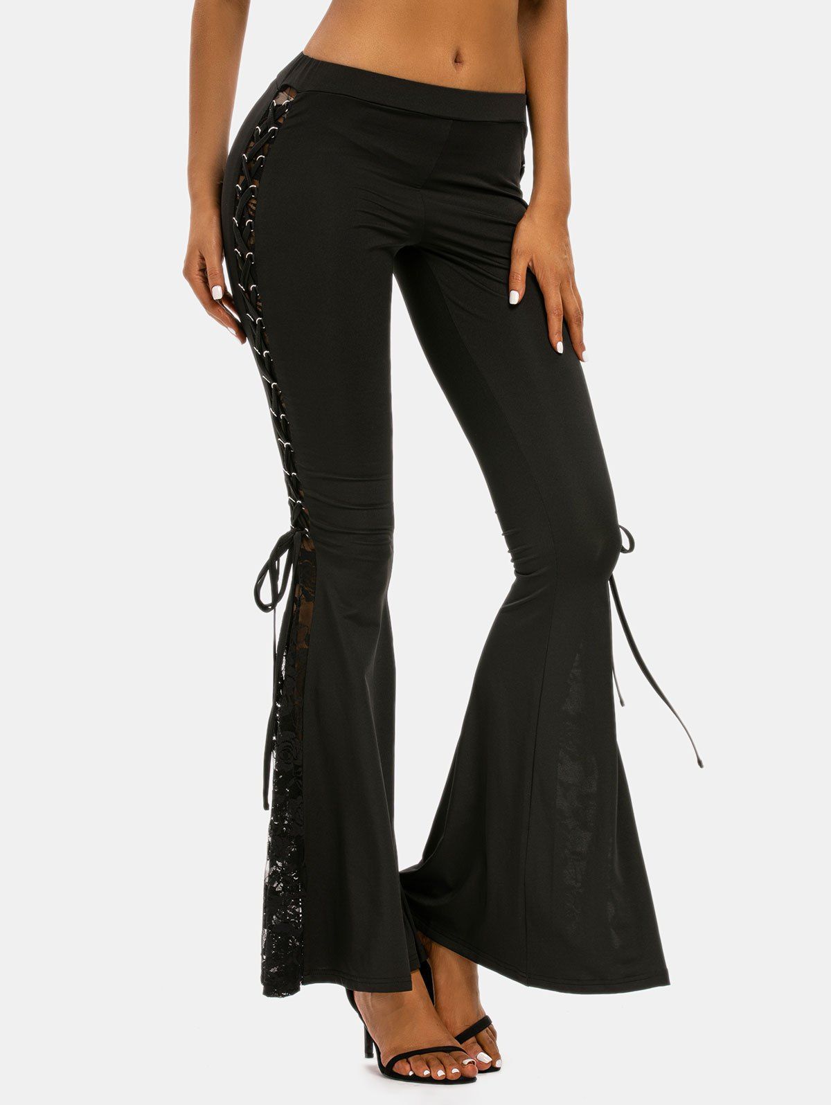 [26% OFF] 2021 Lace Insert Lace-up Side Flare Pants In BLACK | DressLily