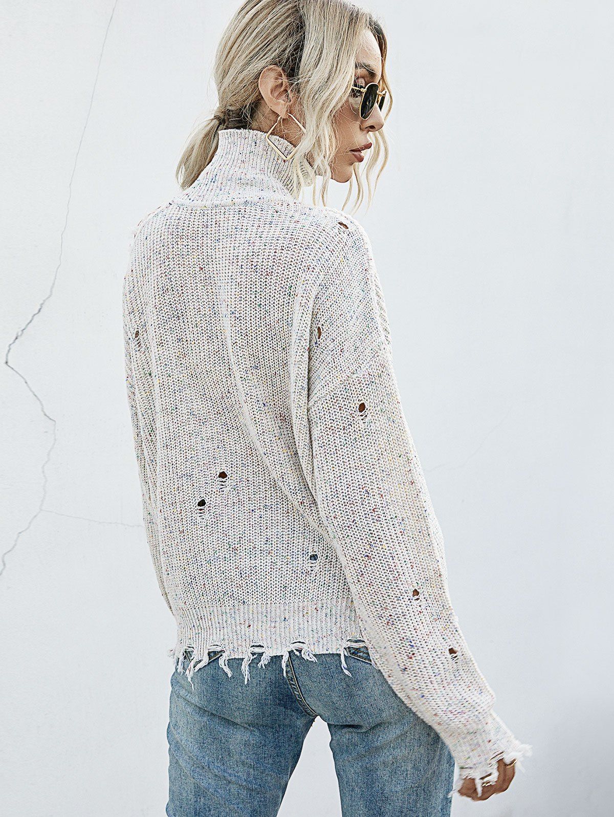 [31% OFF] 2021 High Neck Heathered Ripped Open Shoulder Sweater In ...