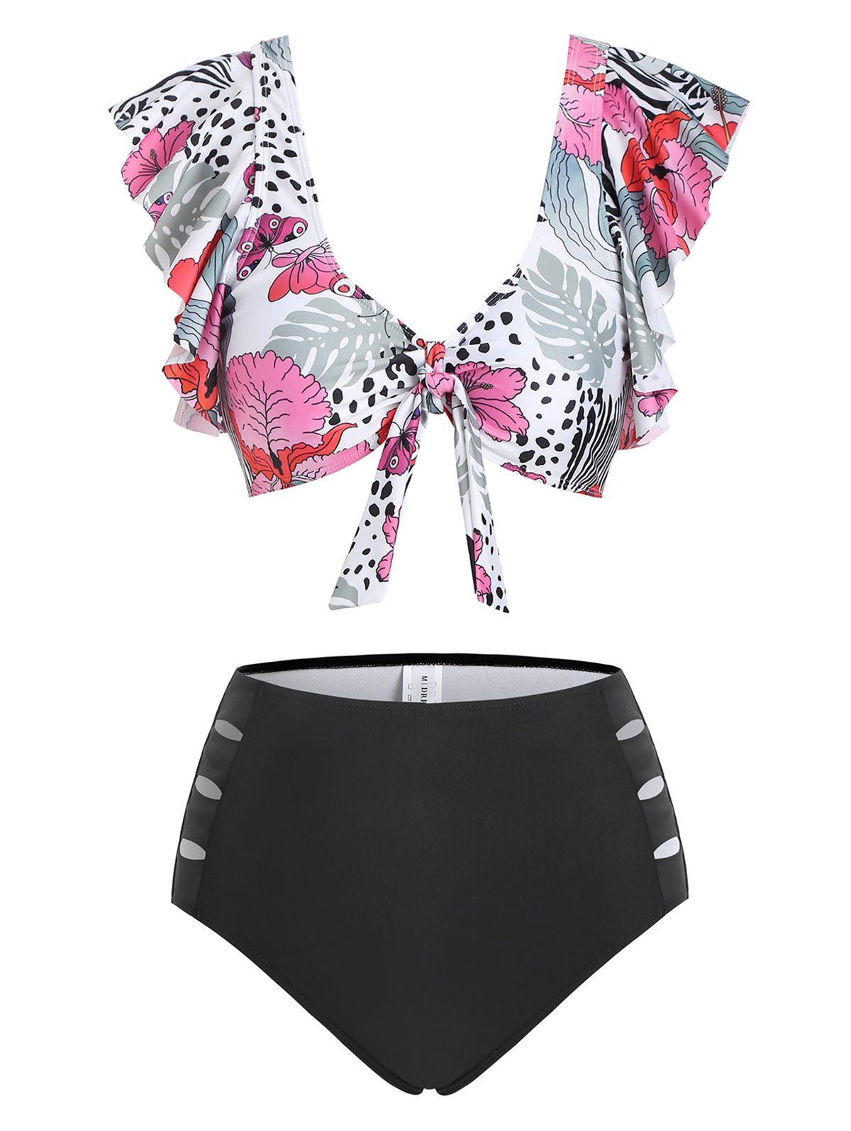 [14% OFF] 2021 Ruffle Butterfly Floral Leopard Cutout Knot Tankini ...