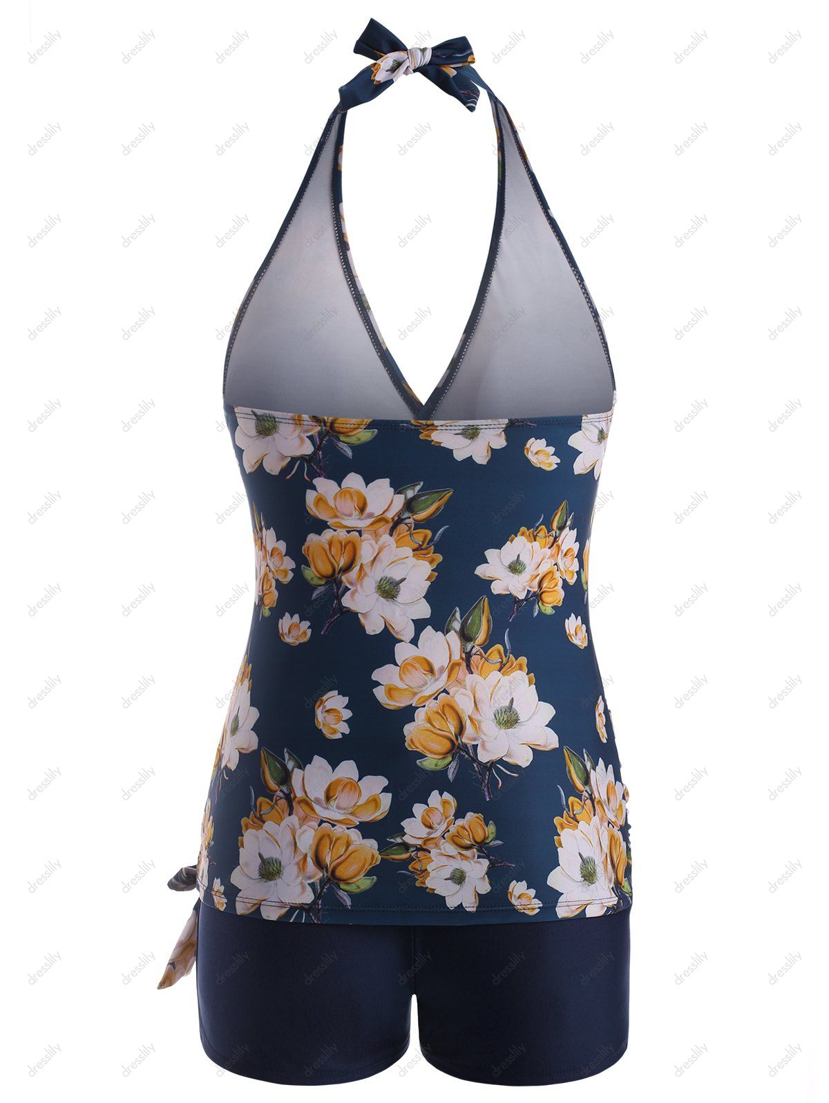[37% OFF] 2021 Flower Print Halter Bowknot Plunge Front Tankini ...