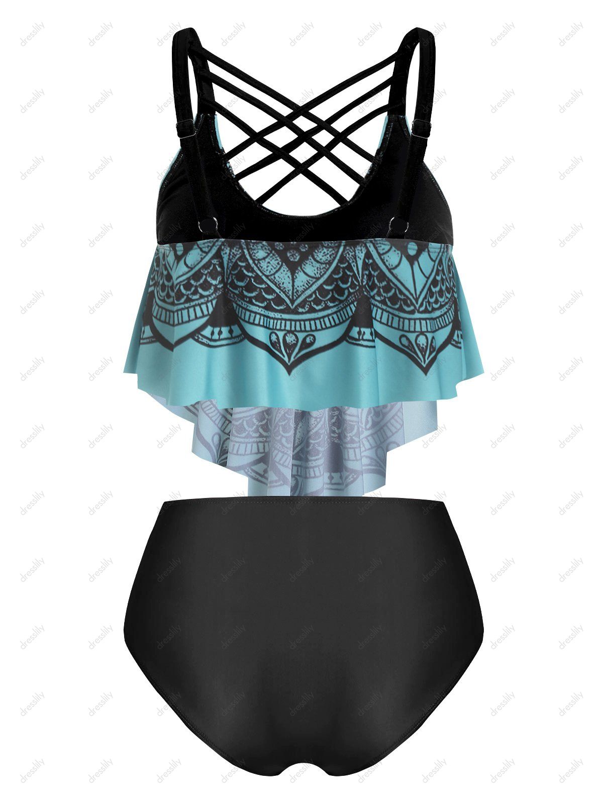 [24 Off] 2021 Skull Flower Print Criss Cross Ruched Padded Tankini Set