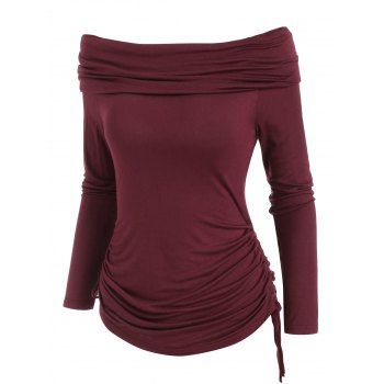 [36% OFF] 2025 Off Shoulder Foldover Cinched T-shirt In DEEP RED ...