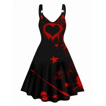 [32% OFF] 2025 Heart Skull Bleeding Star Print V Neck Dress O Ring ...
