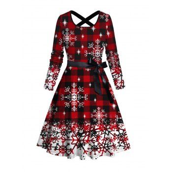 [32% OFF] 2025 Christmas Snowflake Plaid Print Dress Long Sleeve Cross ...