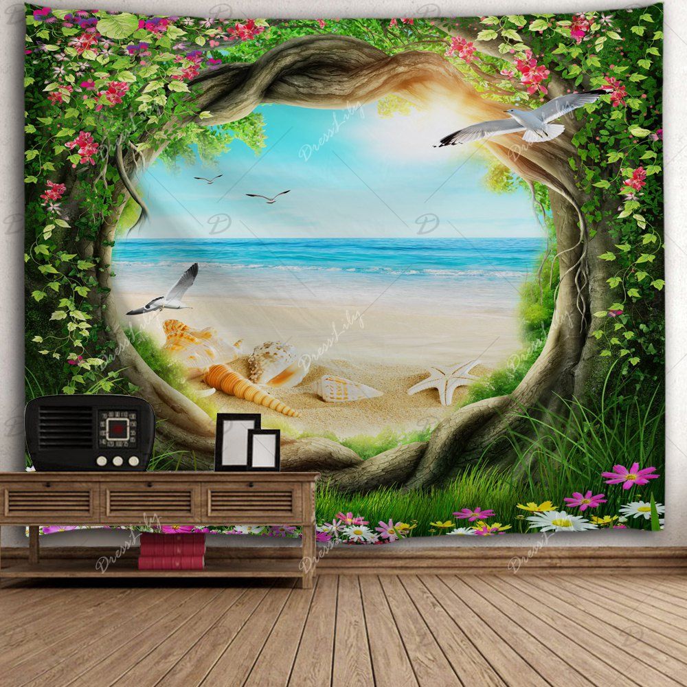 2018 Fairy Tree Beach Scenery Wall Art Decor Tapestry COLORMIX W INCH L ...