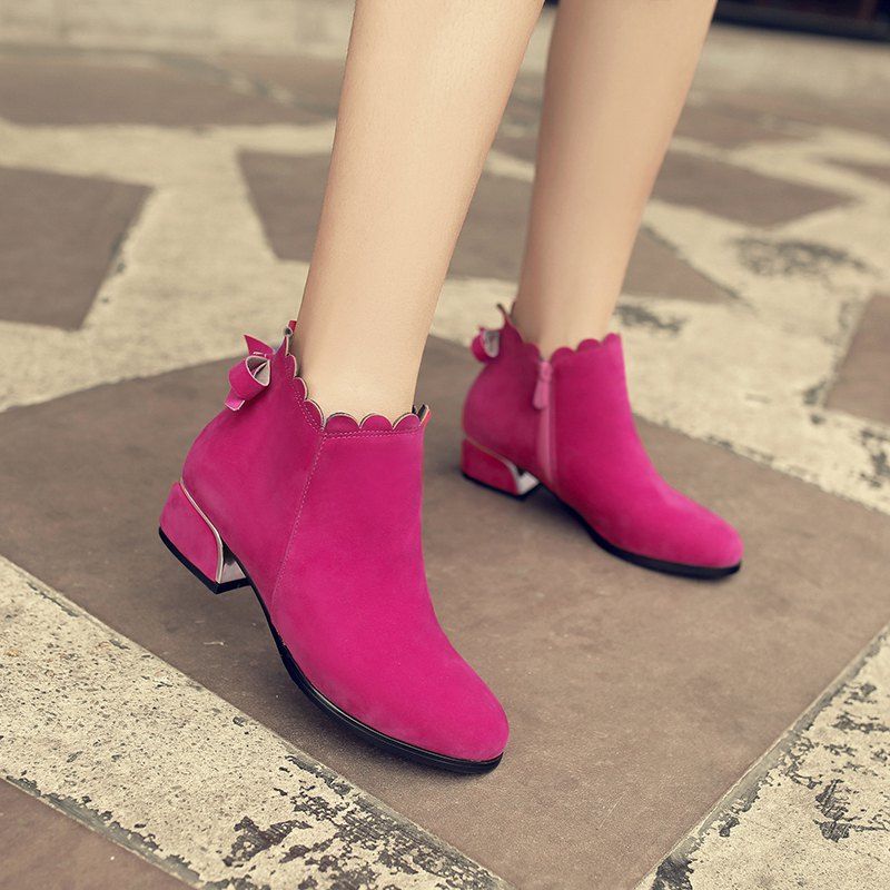 2018 Women Shoes Low Heel Round Toe Bowtie Concise Ankle Boots ROSE RED ...