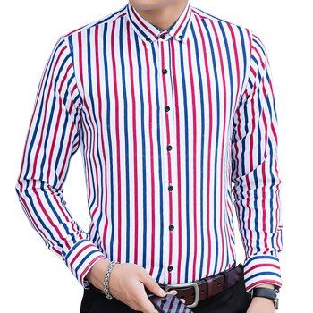 [41% OFF] 2025 Men's Casual Red And Blue Striped Long Sleeve Shirt In ...